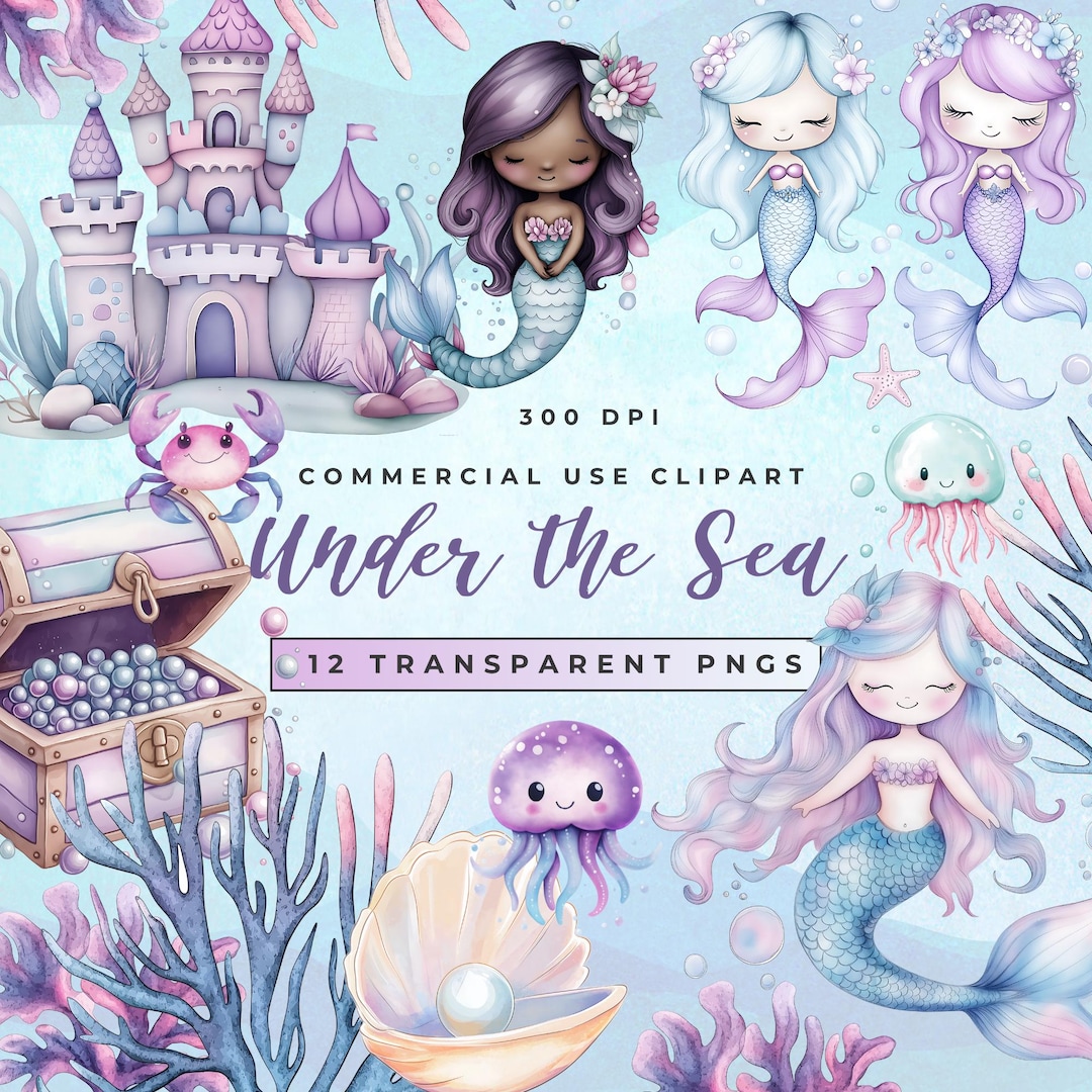 Mermaid Clipart, Watercolor Cute Mermaid, Under the Sea Clipart, Pastel ...