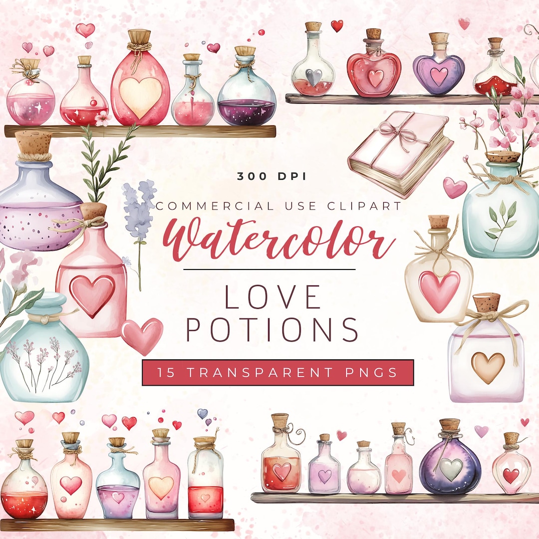 Love Potion Clipart, Watercolor Love Potion Bottles, Cute Glass Bottles ...