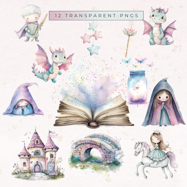 Watercolor Story Book Clipart Set | Fairytale Dragons Princess Castle ...