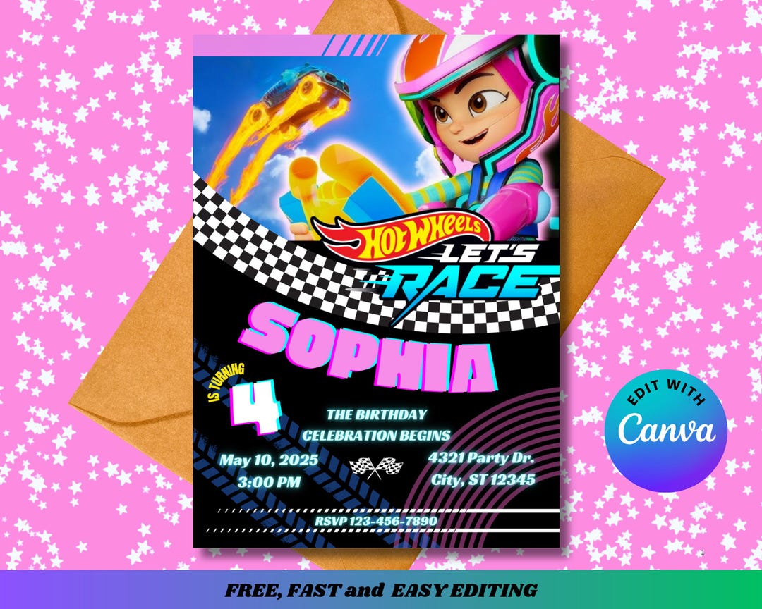 Pink Go Cart Birthday Invitation, Race Car Invitation, Editable Hot ...