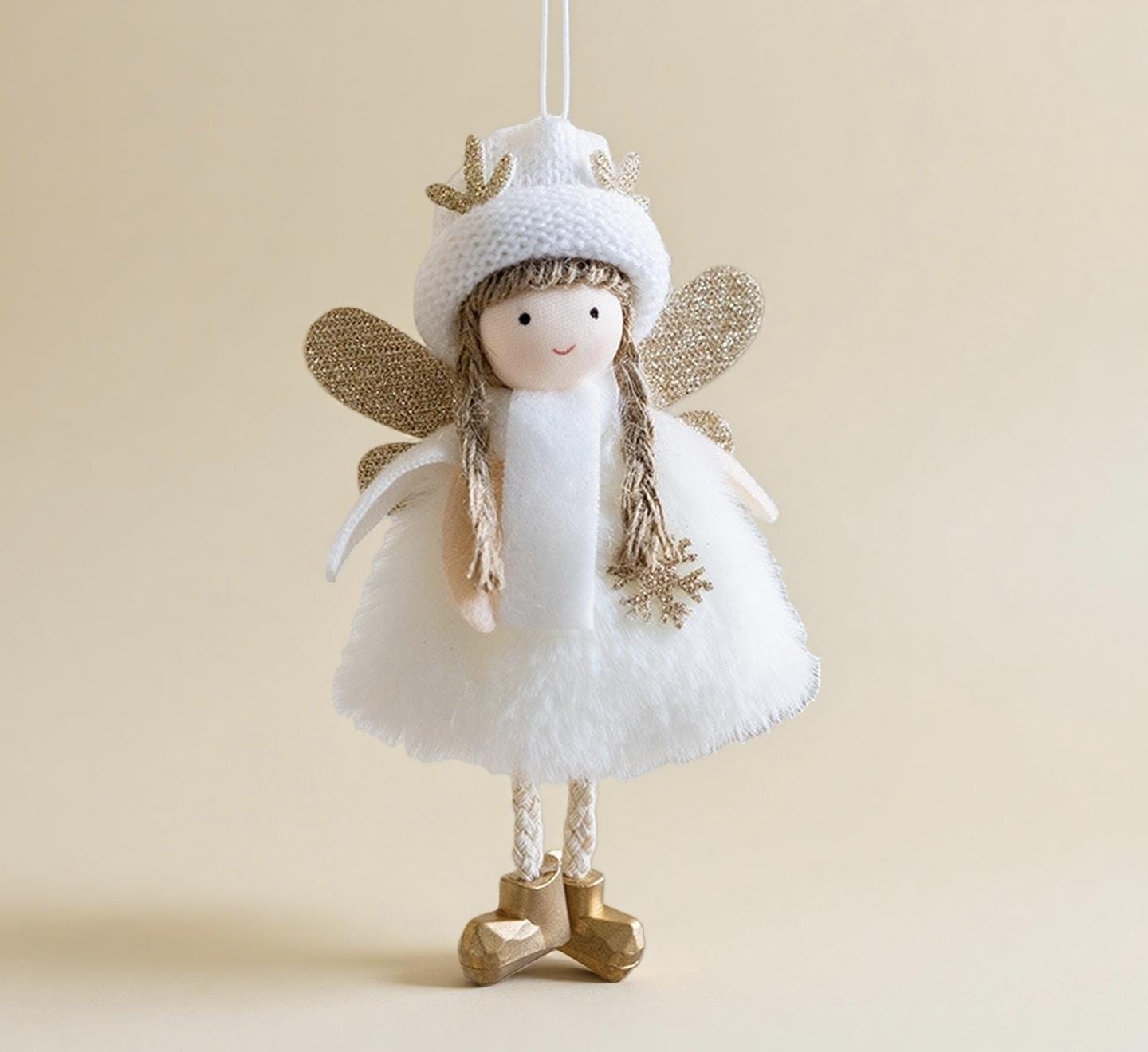 Christmas Angel Plush Doll With Antlers and Golden Wings | Soft Fabric ...