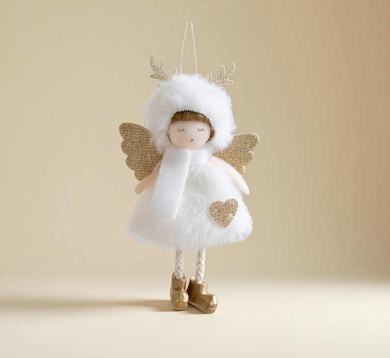 Christmas Angel Plush Doll With Antlers and Golden Wings | Soft Fabric ...
