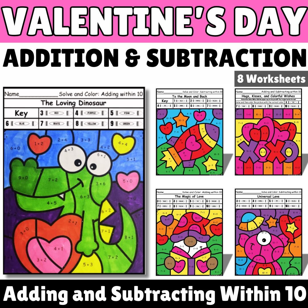Color by Number: Valentine's Day Adding and Subtracting Within 10 ...