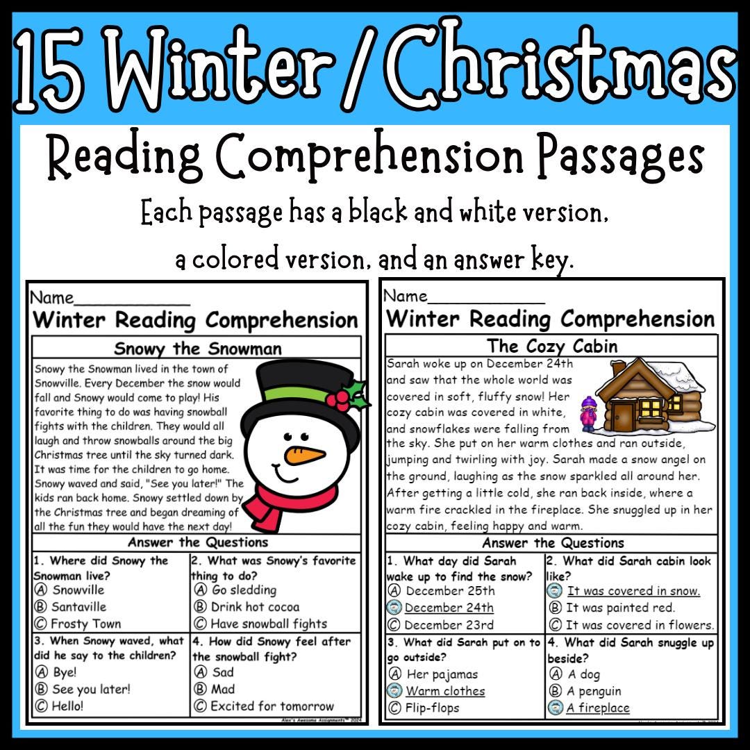 15 Christmas/winter Reading Comprehension Passages for 1st Grade, 2nd ...