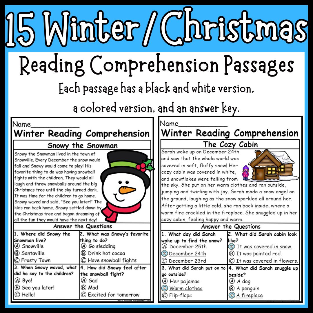 15 Christmas/winter Reading Comprehension Passages for 1st Grade, 2nd ...