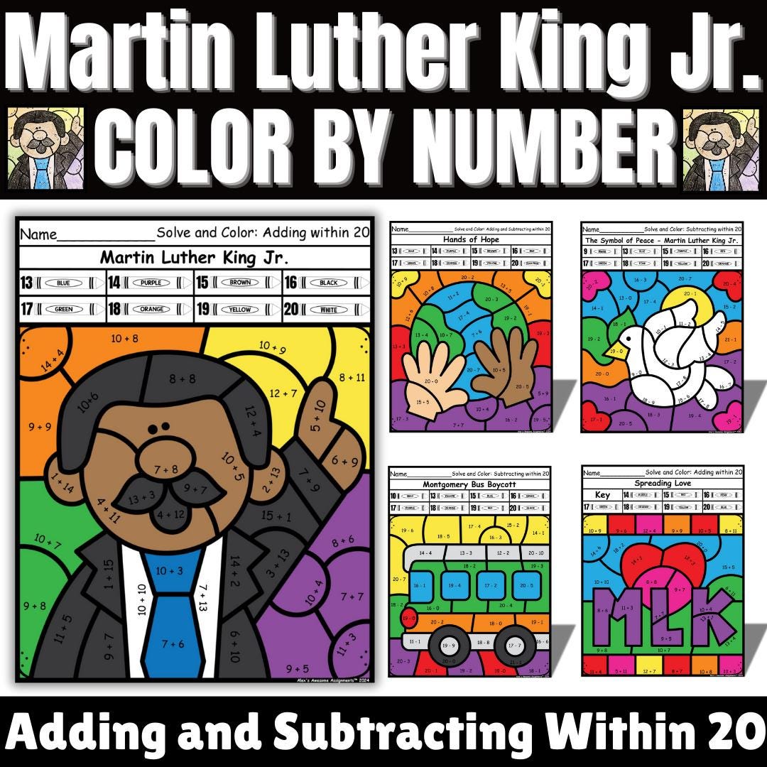 Color by Number: Martin Luther King Jr. Adding & Subtracting Within 20 ...