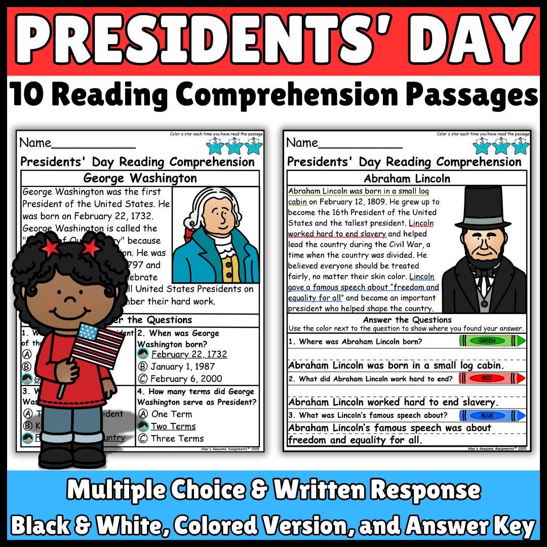 10 Presidents' Day Reading Comprehension Passages | 1st Grade, 2nd ...