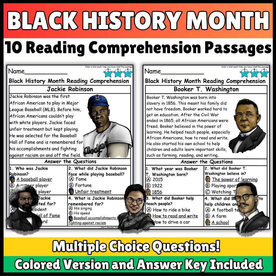 10 Black History Month Reading Comprehension Passages | 1st Grade, 2nd ...