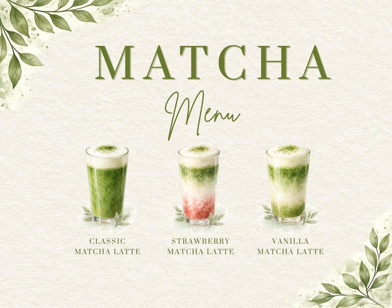 Matcha Bar Printable Bundle | Watercolor Menu, Signs, Recipes (digital ...