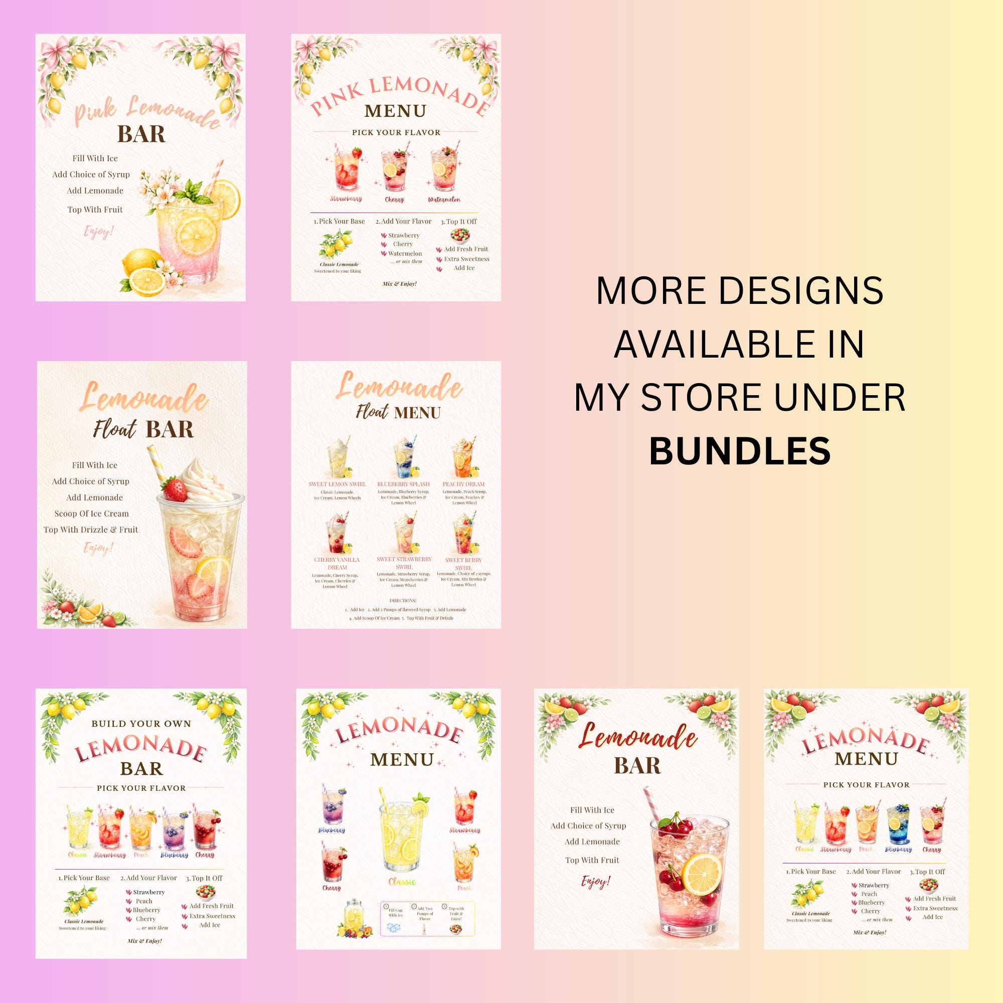 Pink Lemonade Bar Sign & Menu Template, Watercolor Coquette Party Decor ...