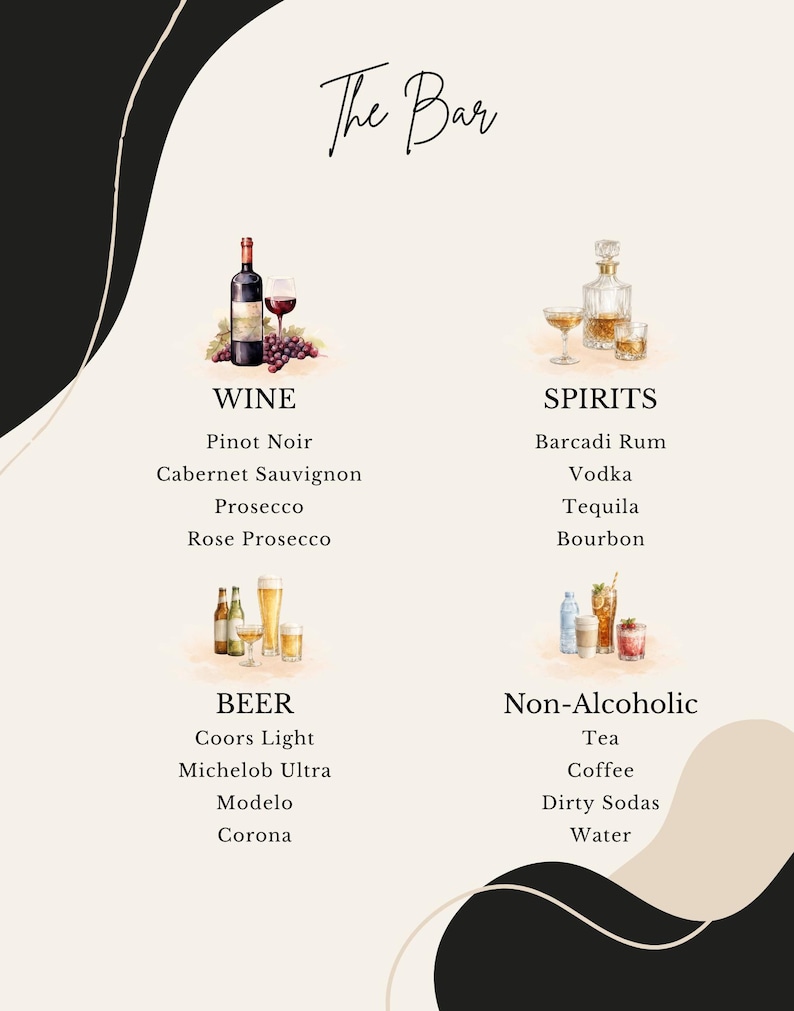 Editable Wedding Bar Menu Sign | Minimalist Cocktail Drink List ...