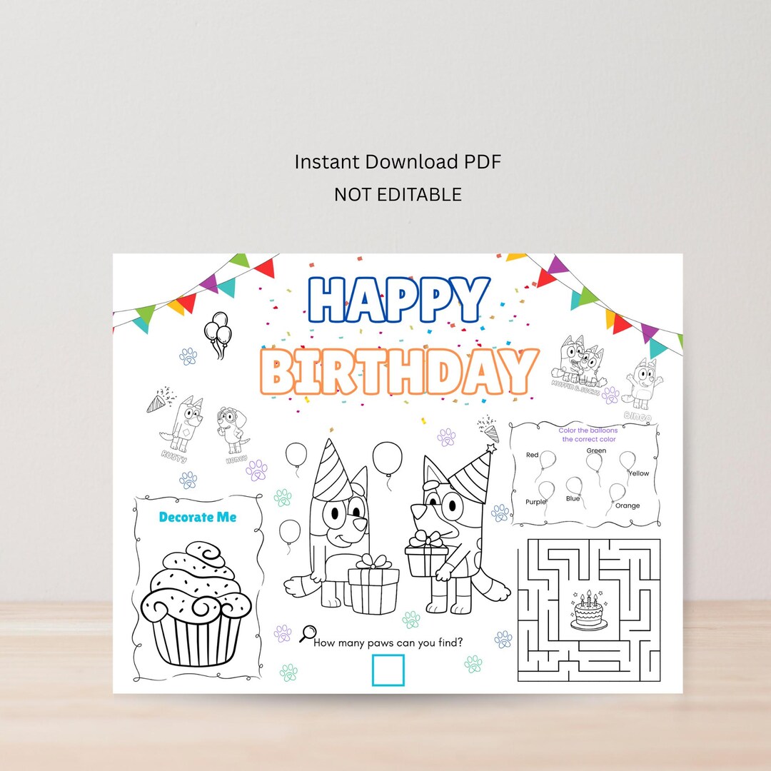 Bluey Birthday Activity Placemat: Printable Coloring & Games (8.5x11 ...