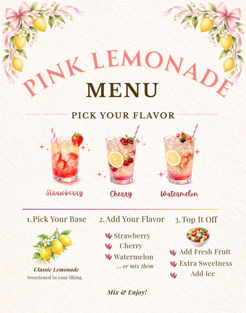 Pink Lemonade Bar Sign & Menu Template, Watercolor Coquette Party Decor ...