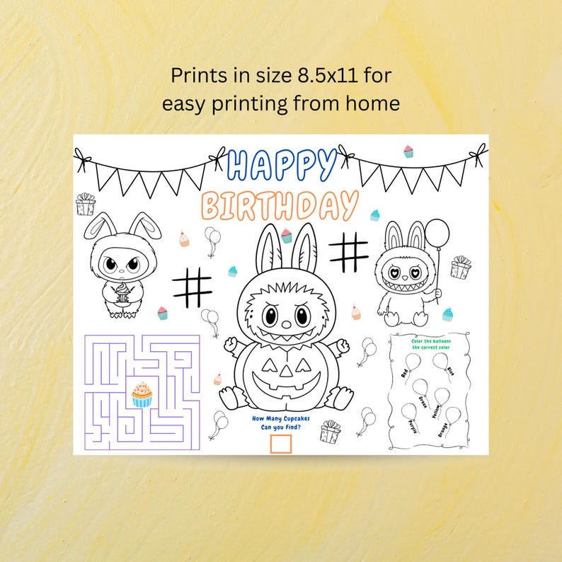 Labubu Birthday Activity Party Placemat, Kids' Activity Coloring Page ...