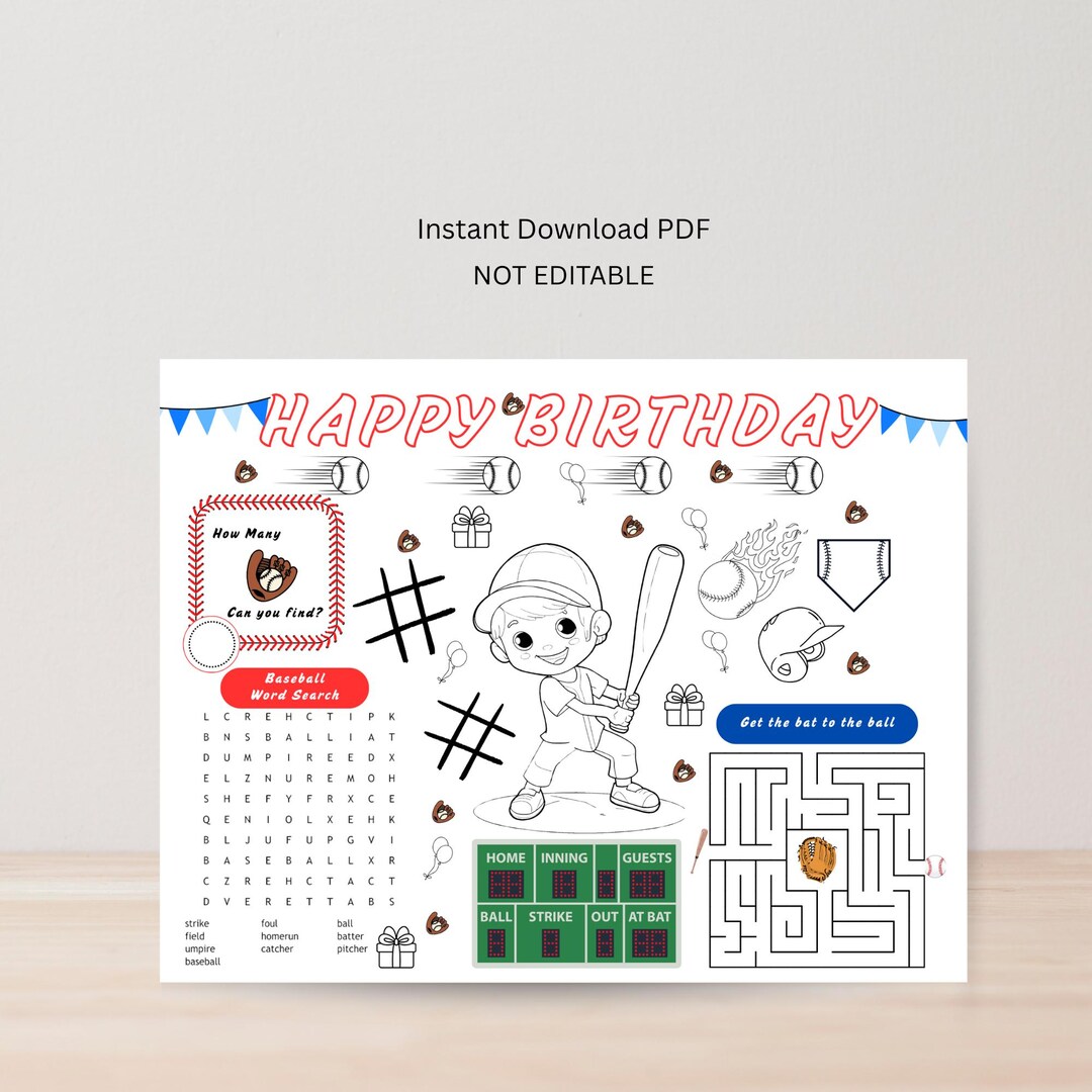 Baseball Birthday Activity Placemat, Party Favor, Baseball Coloring ...