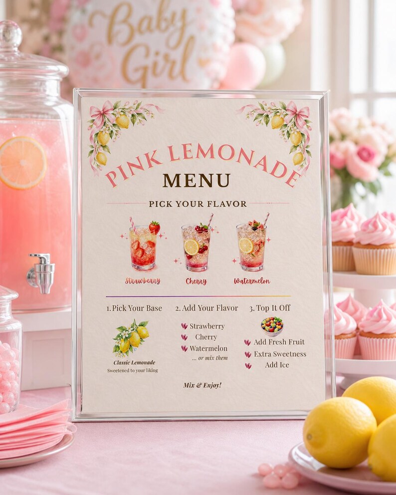 Pink Lemonade Bar Sign & Menu Template, Watercolor Coquette Party Decor ...