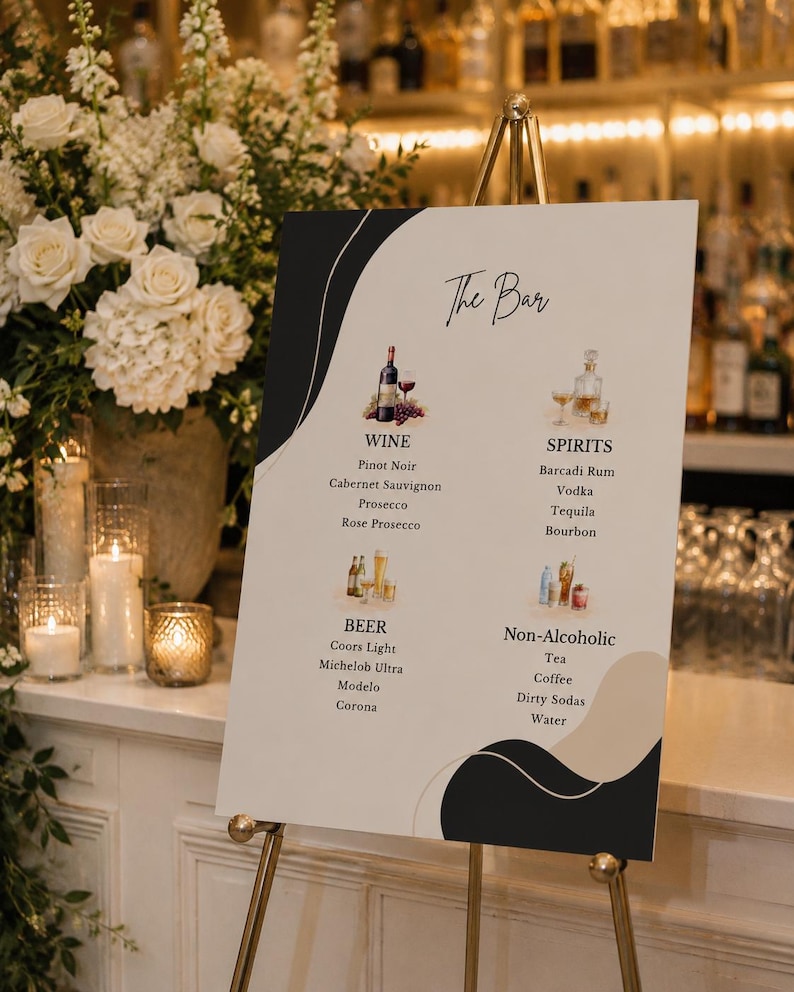 Editable Wedding Bar Menu Sign | Minimalist Cocktail Drink List ...