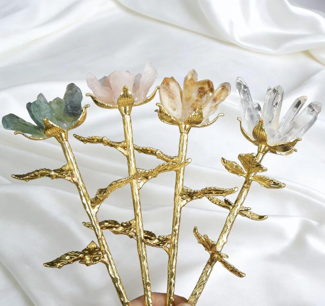 Handmade Crystal Rose Flower | Gold Stem Quartz Floral Decor | Healing ...