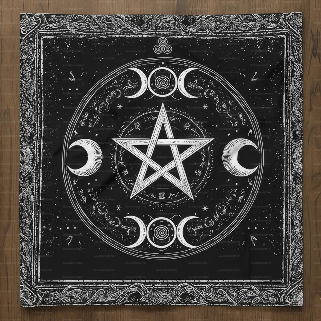 Black Pentagram and Triple Moon Altar Cloth - Wiccan Pentacle and ...
