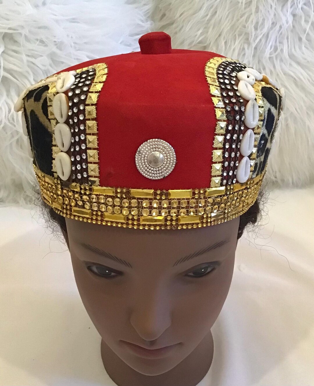 African Traditional Red & Gold Luxury Royalty Hat With Cowries and ...