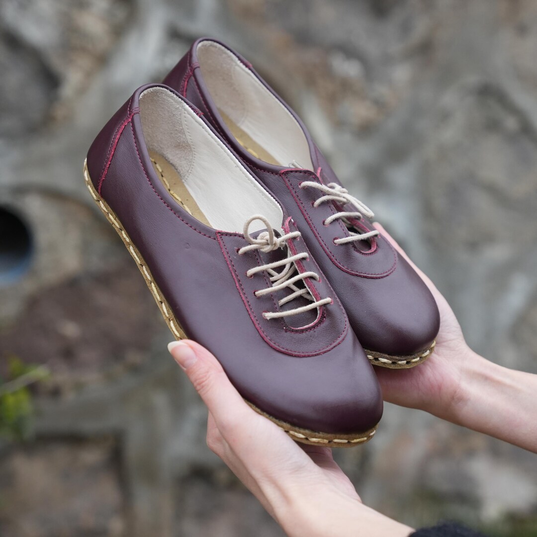 Handmade Burgundy Leather Barefoot Loafers: Wide Toe Box Earthing Shoes ...