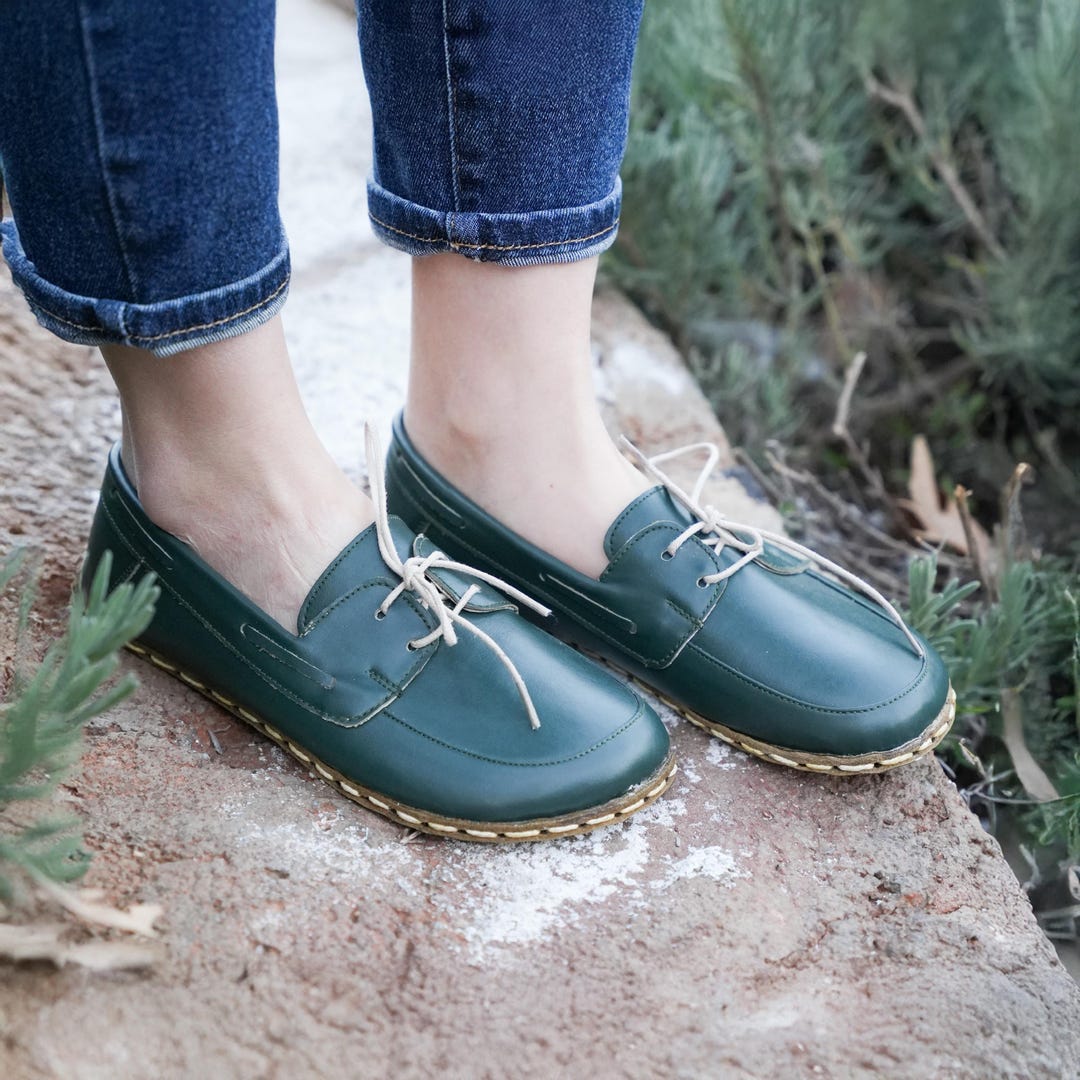 WOMEN Zero Drop Oxford Barefoot Green Crazy Leather Shoes, Barefoot ...