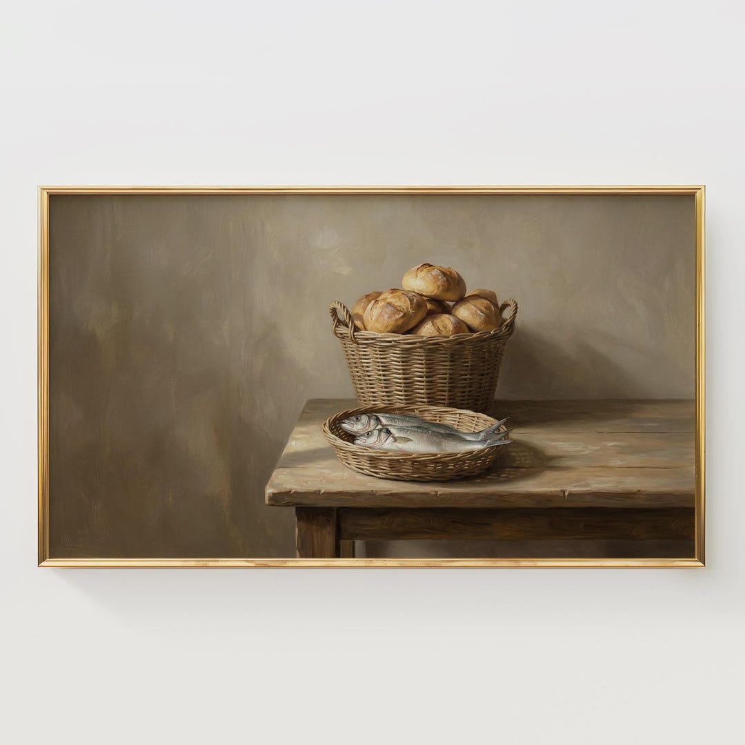 Biblical Frame TV Art, Jesus Christ Five Loaves Two Fish Still-life ...