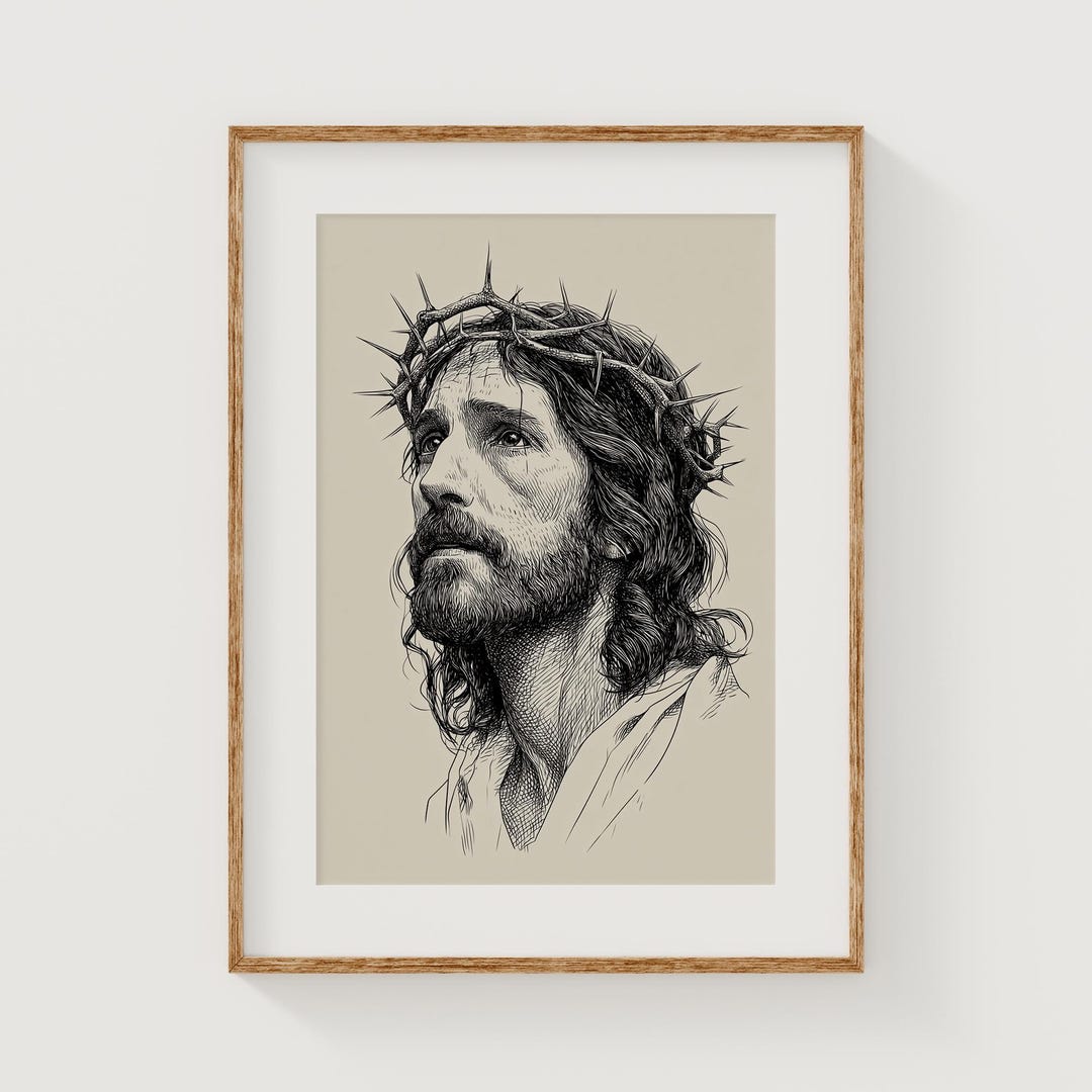 Solemn Portrait of Jesus Christ With Crown of Thorns - Vintage Moody ...
