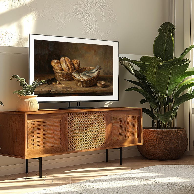 Vintage Rustic Bible Story Samsung Frame TV Art, Jesus Five Loaves and ...
