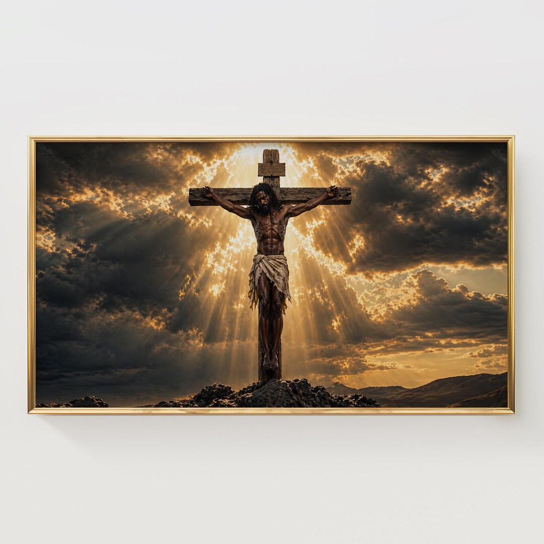 Crucifixion of Black Jesus Scene With Dramatic Rays Frame TV Art ...