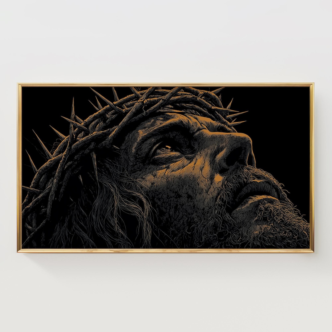 Jesus Christ Frame TV Art, Crown of Thorns Gold Portrait, Moody ...