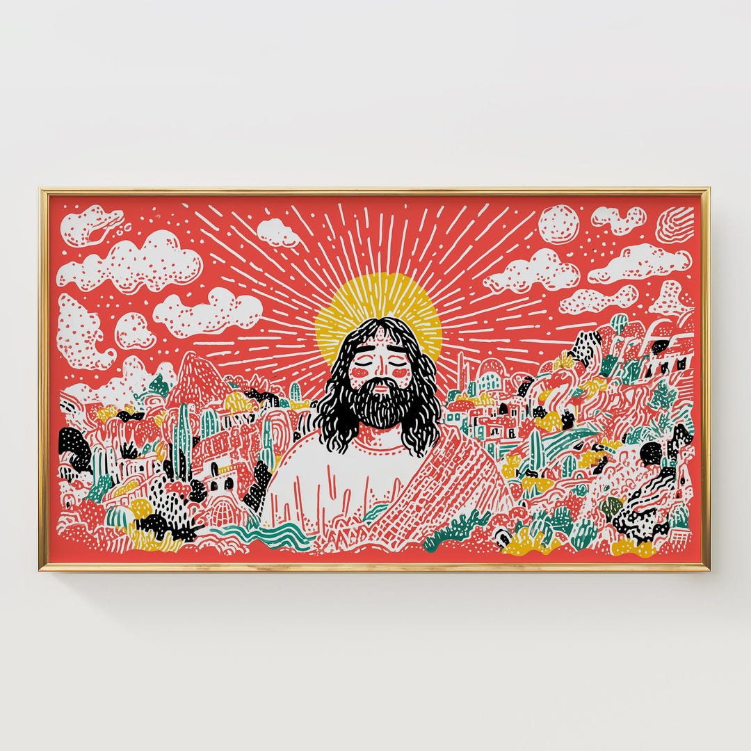 Jesus Christ Frame TV Art, Retro Spiritual Wall Decor, Colorful Folk ...