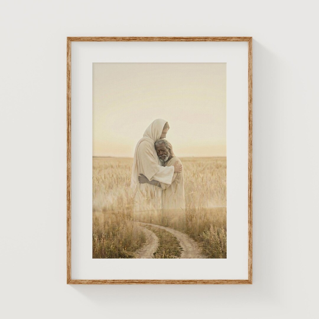 Rustic Jesus Christ Embracing Old Black Man in Wheatfield - Vintage ...