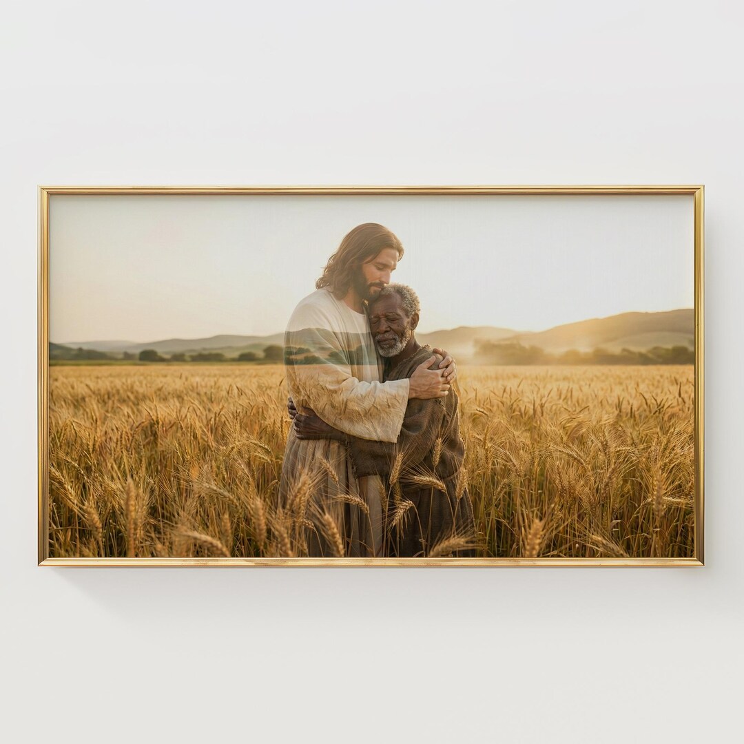 Jesus Christ Frame TV Art, Hugging African American Old Man, Black ...