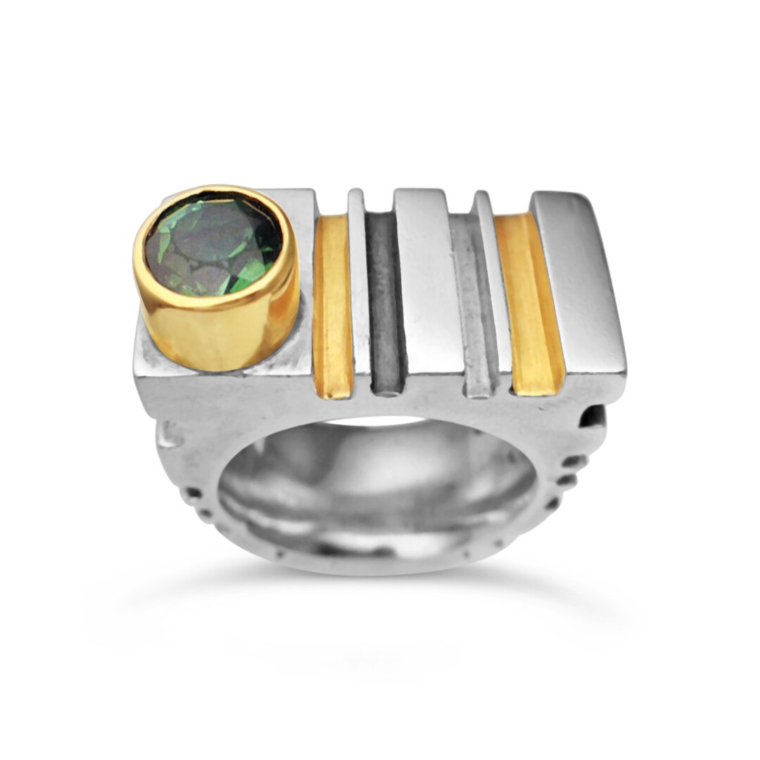 Castle Ring 18ct Gold and Silver With Green Tourmaline - Etsy