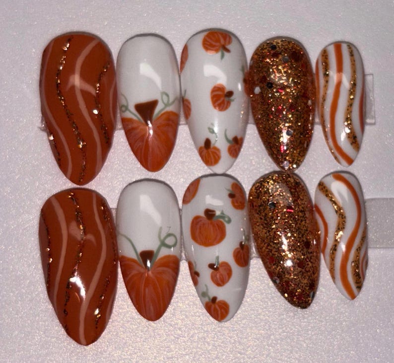 Autumn Pumpkin Press on Nails – Fall Glitter Nail Set With Hand-painted ...