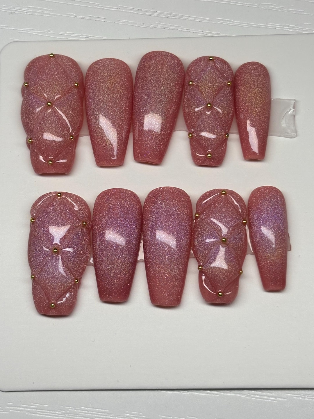 Handmade Pink Quilted Press-on Nails: Holographic Cateye With Gold ...