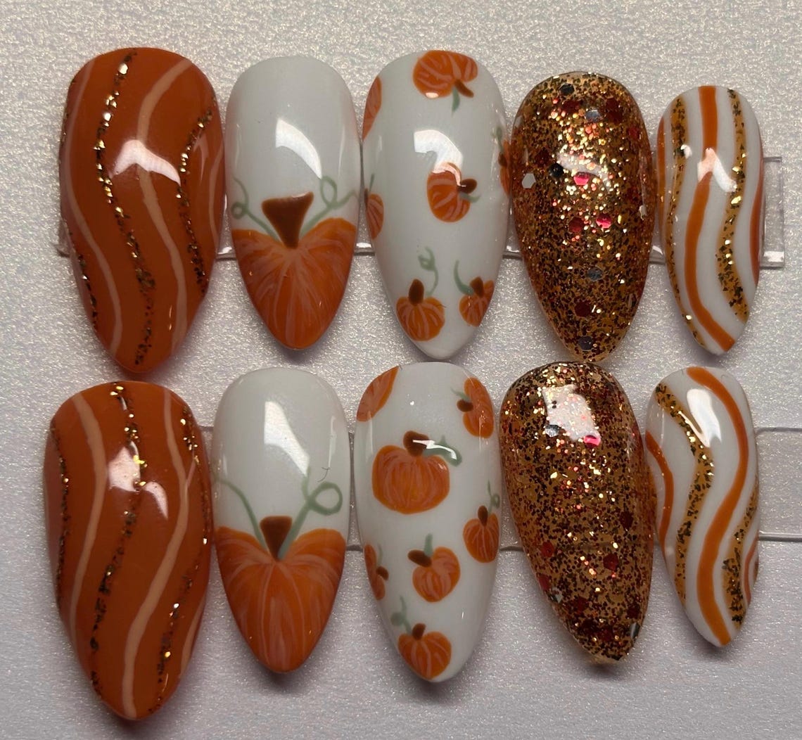 Autumn Pumpkin Press on Nails – Fall Glitter Nail Set With Hand-painted ...
