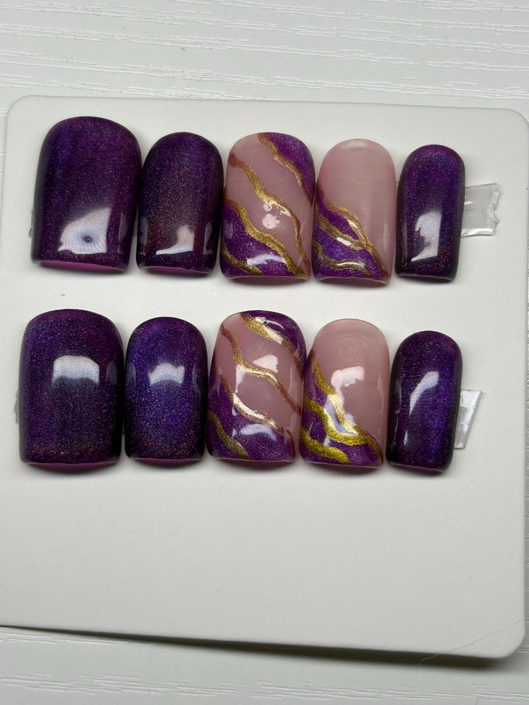 Luxury Purple & Gold Press-on Nails, Handmade Glitter Holographic ...