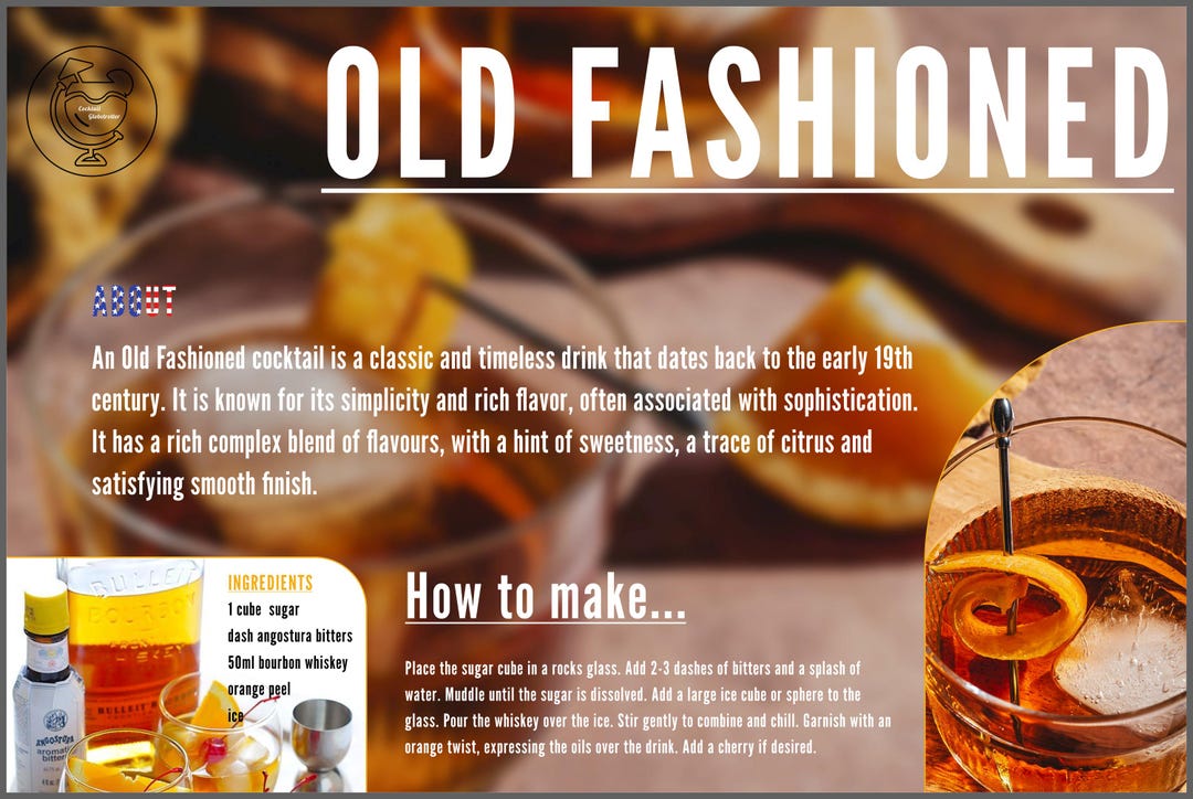 Old Fashioned Cocktail Recipe Card - Etsy