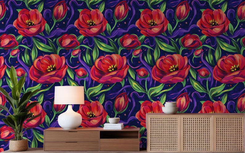 Red Tulip Floral Wallpaper: Vibrant Botanical Peel and Stick Mural - Etsy