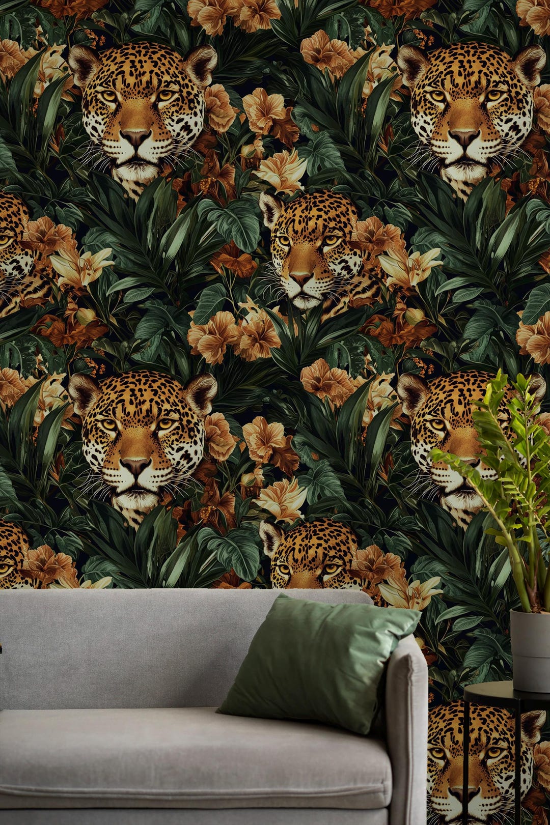 Tropical Leopard Wallpaper: Jungle Animal Print, Peel and Stick - Etsy
