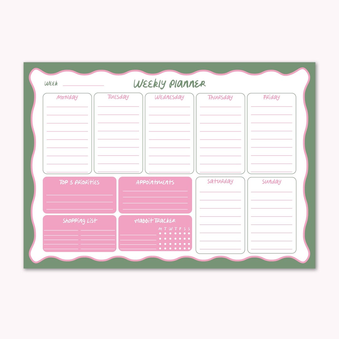 Weekly Planner Printable | Pink Green Wavy Design | A4 Digital Download ...