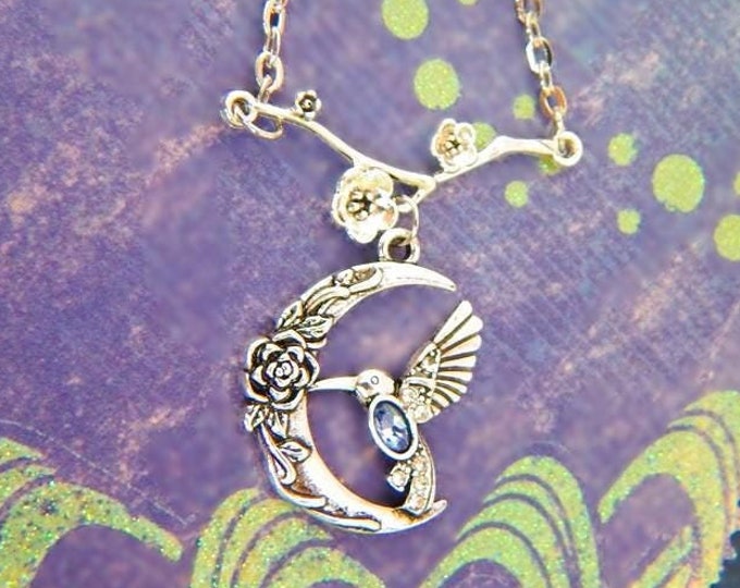 Hummingbird Moon Necklace / Silver Bird Jewelry / Cottage Core Necklace ...