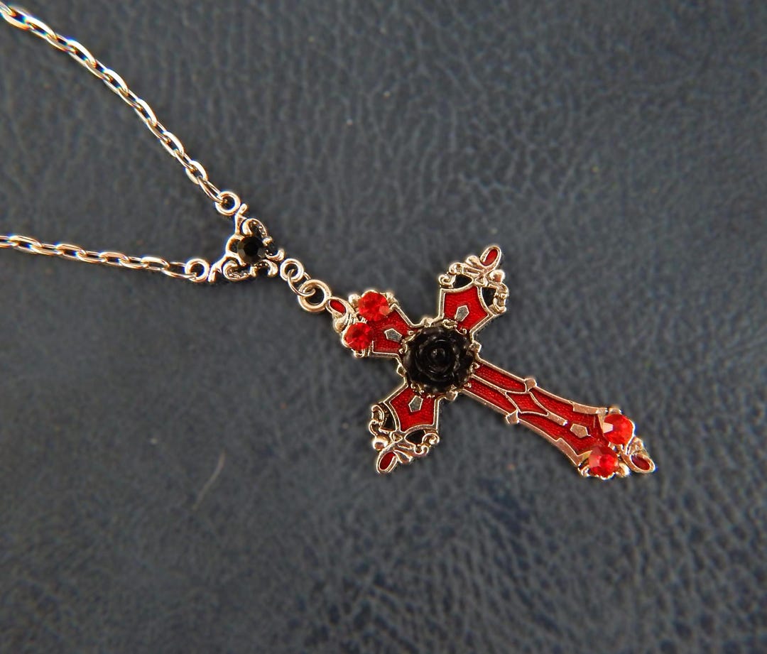 Red Gothic Cross Necklace: Black Rose Pendant, Silver Chain - Etsy