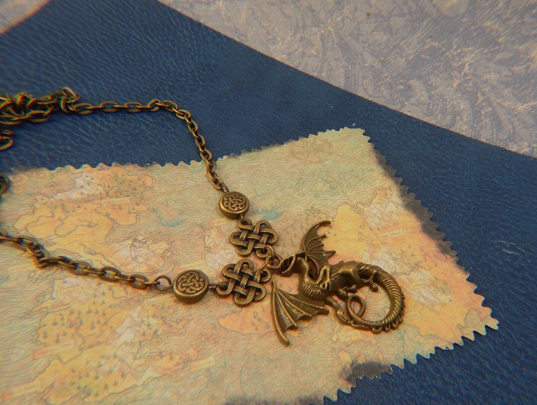 Gold Winged Dragon Pendant Necklace: Celtic Knot & Green Glass - Etsy