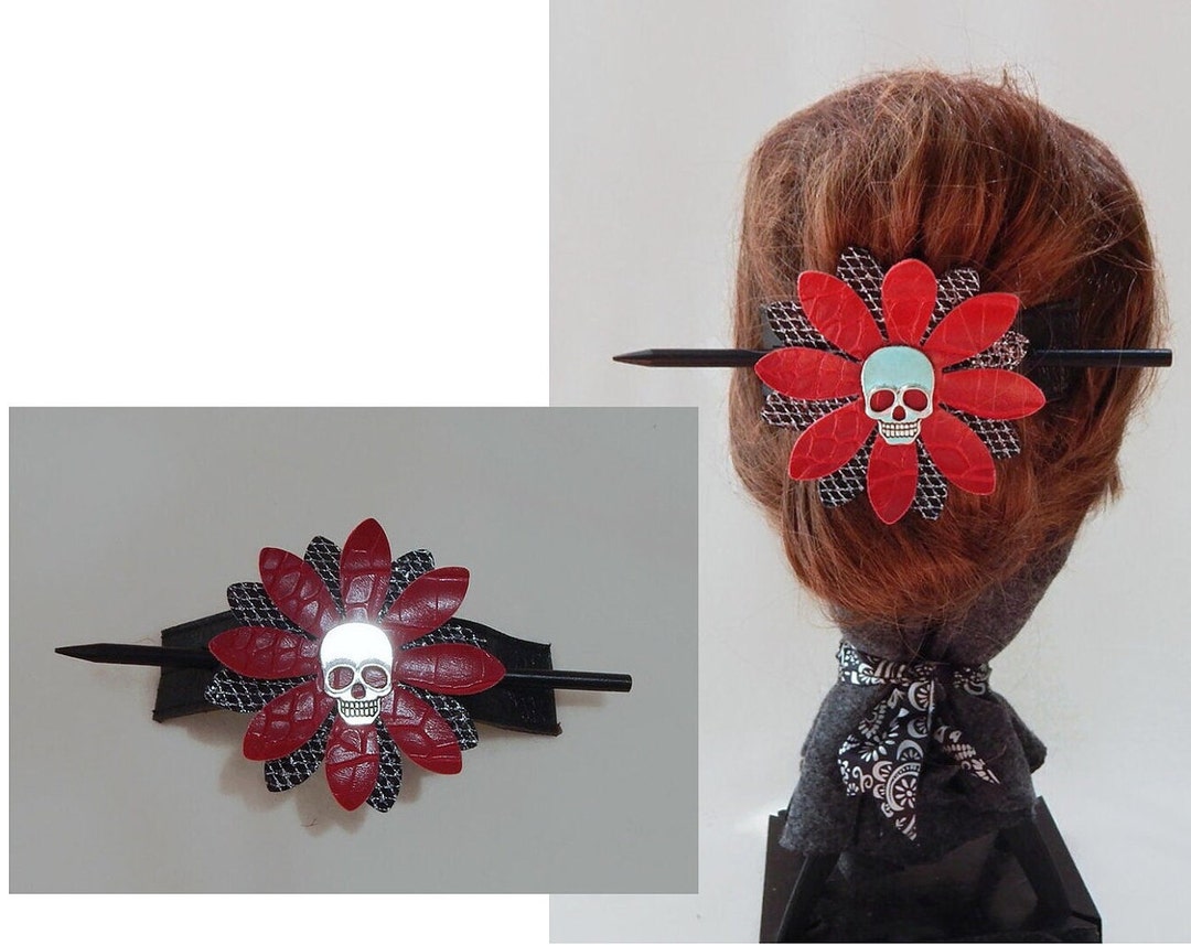 Skull Leather Stick Hair Barrette / Skull Jewelry Gothic Hair - Etsy