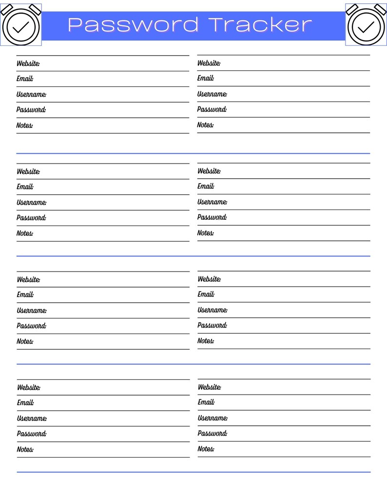 Printable Password Tracker | Blue Digital Password Organizer | 8.5 X 11 ...