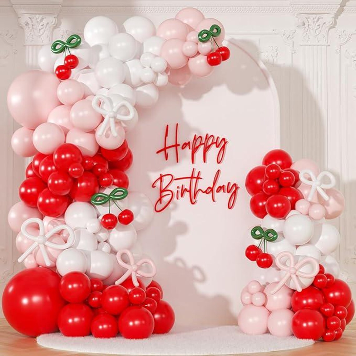 Cherry Red Balloon Garland Kit Pastel Pink White Bow Balloons Party ...