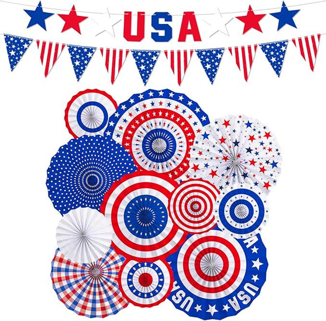 President Day Patriotic Decorations Set Red White Blue Paper Fans USA ...